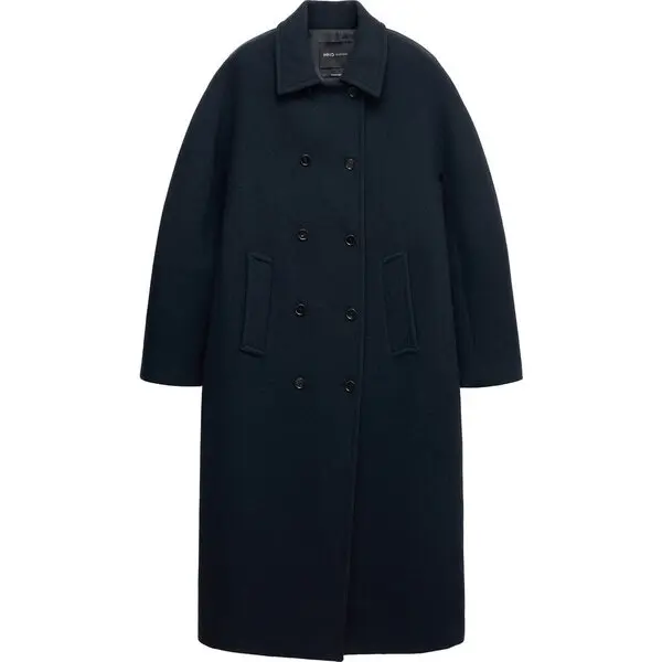 Mango Double Breasted Virgin Wool Blend Coat - Dark Navy