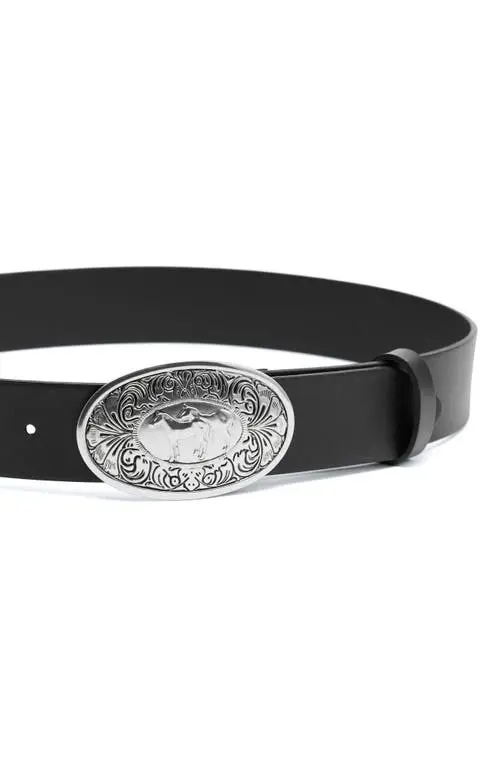 Mango Engraved Buckle Leather Belt
