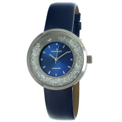 PEUGEOT Luxury Round Leather Floating Cz Dial Watch- 38mm - Blue