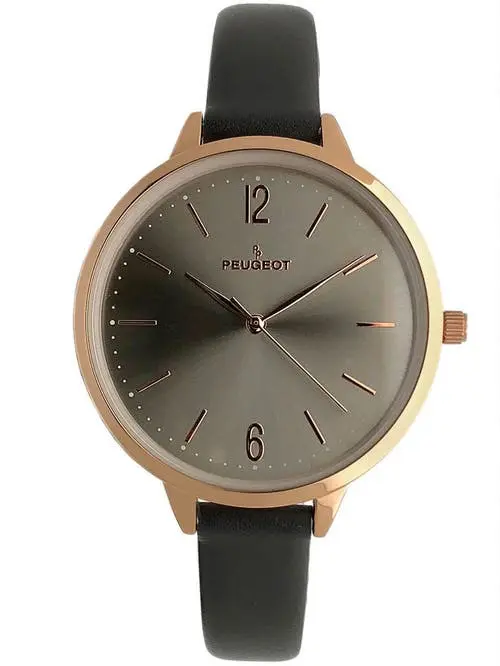 PEUGEOT Minimalist Large Round Skinny Leather Strap Watch- 38mm - Grey