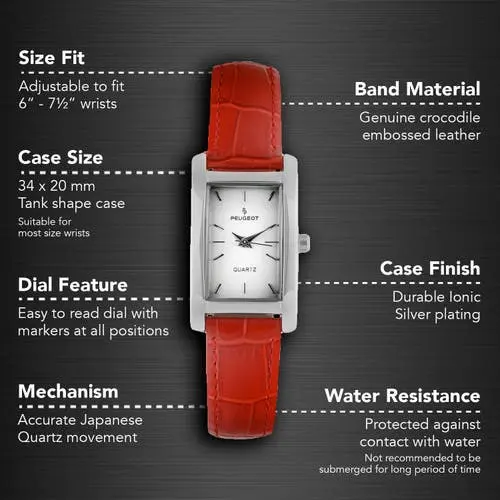 PEUGEOT Classic Rectangular Contour Leather Watch- 34x20mm