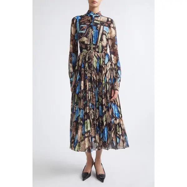 JASON WU Tie Neck Pleated Midi Dress - Black Multi