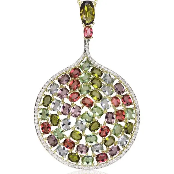GENEVIVE Gold Plated Multicolor Cubic Zirconia Accent Round Pendant Necklace - Yellow