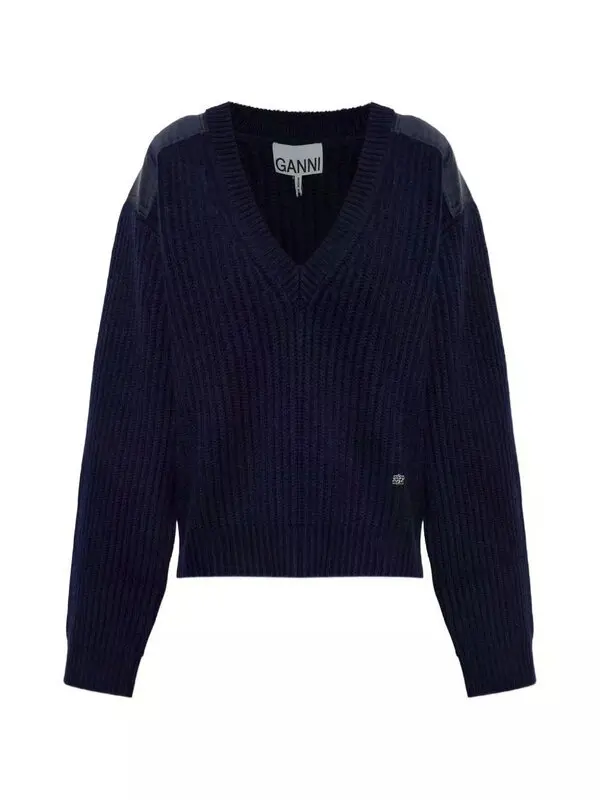GANNI V-neck Ribbed-knit Sweater