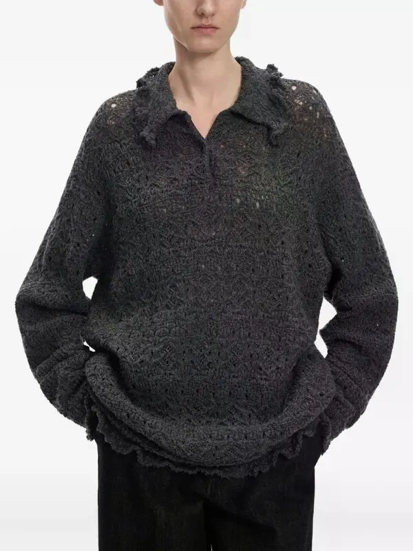 JNBY Ruffle-trimmed Pointelle-knit Polo Top