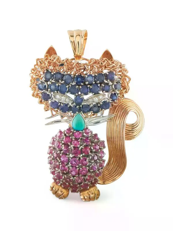 LB EXCLUSIVE Sapphire And Ruby Cat Brooch - Gold