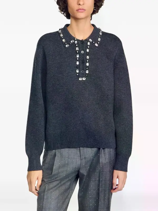 Sandro Crystal-embellished Polo Sweater