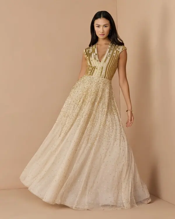 MAC DUGGAL COLLECTION V-neck Beaded Tulle A-line Gown