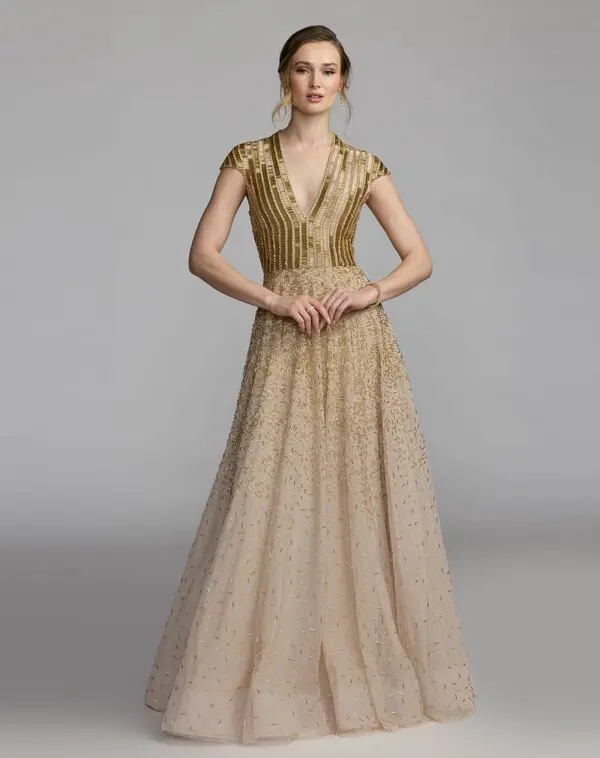 MAC DUGGAL COLLECTION V-neck Beaded Tulle A-line Gown