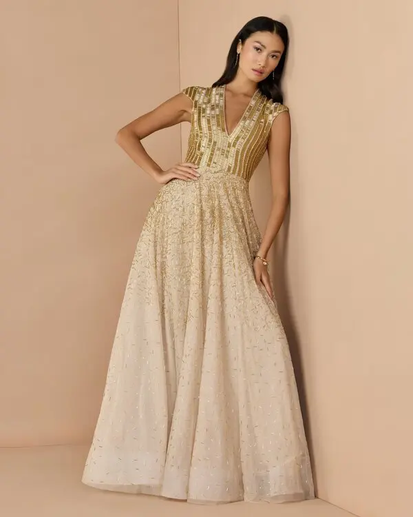 MAC DUGGAL COLLECTION V-neck Beaded Tulle A-line Gown