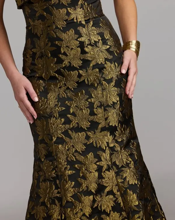 Mac Duggal Gold Metallic Strapless Brocade Mermaid Midi Dress