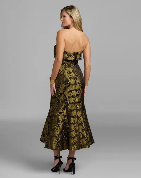 Mac Duggal Gold Metallic Strapless Brocade Mermaid Midi Dress