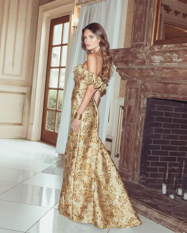 Mac Duggal Off The Shoulder Rosette Column Gown