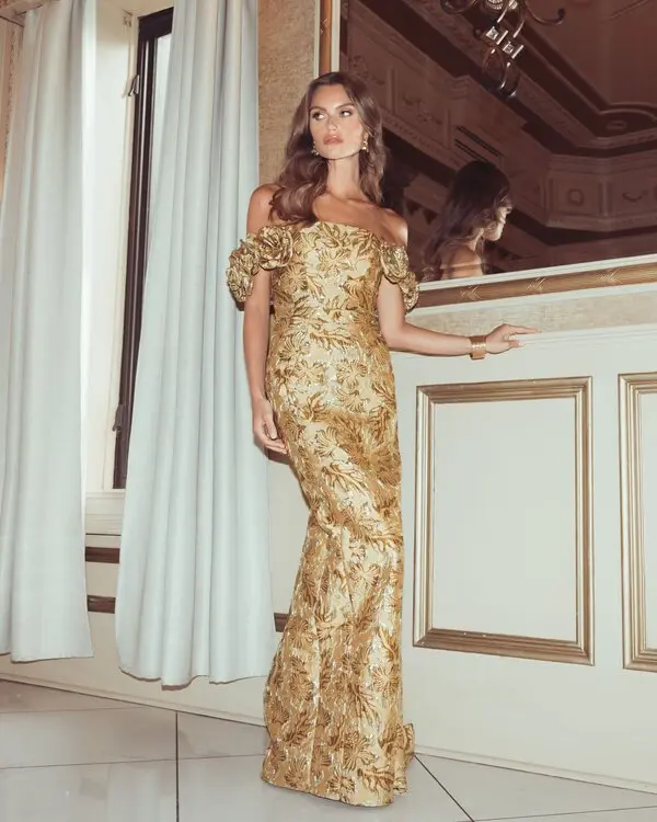 Mac Duggal Off The Shoulder Rosette Column Gown