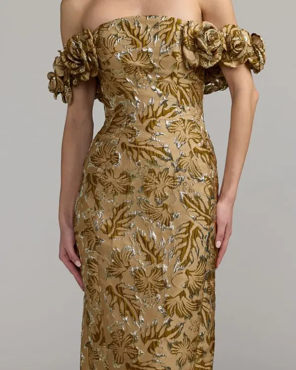 Mac Duggal Off The Shoulder Rosette Column Gown