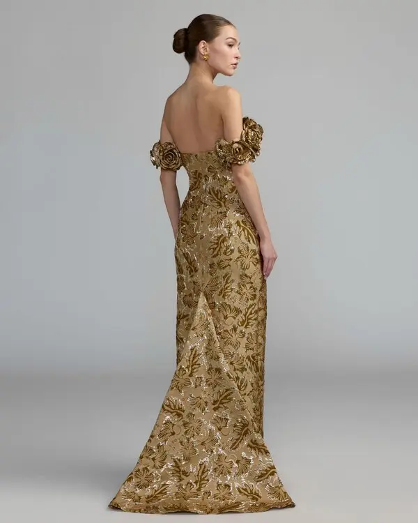 Mac Duggal Off The Shoulder Rosette Column Gown