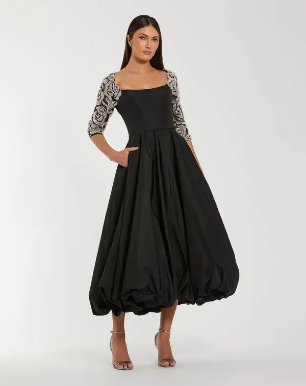 Mac Duggal Faille Embellished Sleeve Tea-length Dress