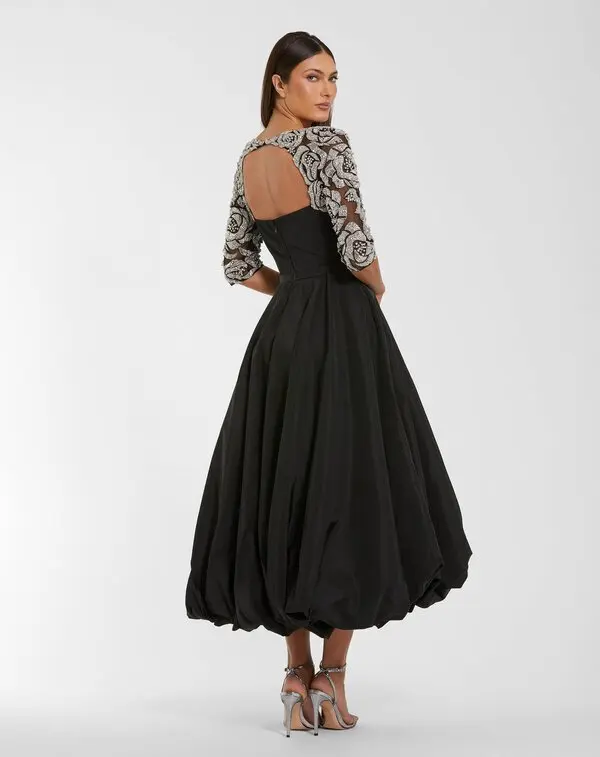 Mac Duggal Faille Embellished Sleeve Tea-length Dress