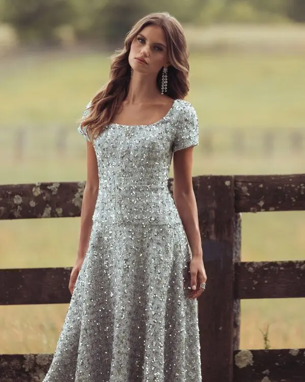 Mac Duggal Sequin Button Up Boucle Midi Dress