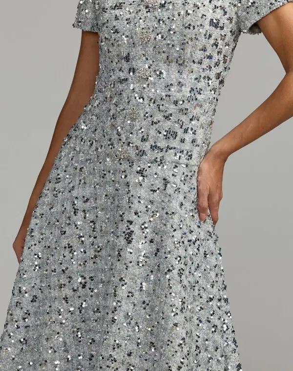 Mac Duggal Sequin Button Up Boucle Midi Dress