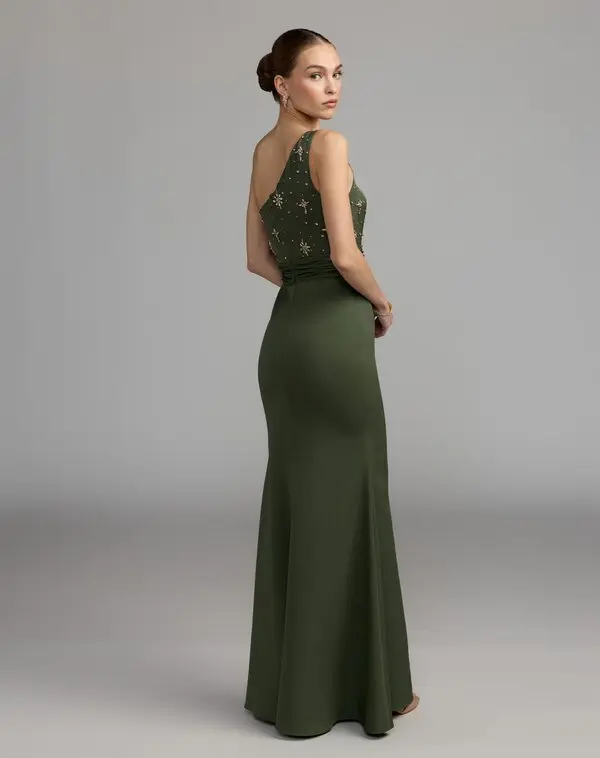 Mac Duggal Embellished One Shoulder Crepe Gown With Bow