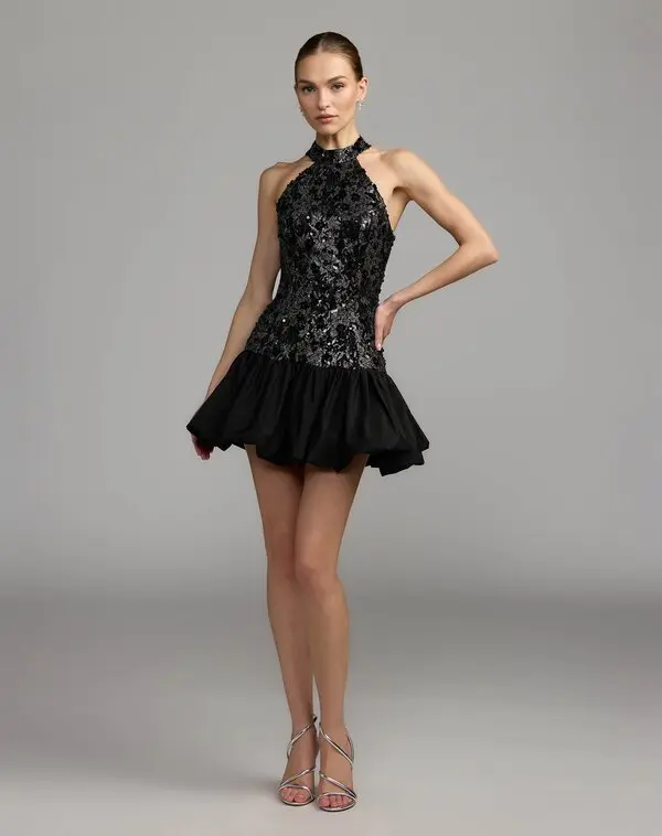 Mac Duggal Embellished Lace Bubble Hem Mini Dress