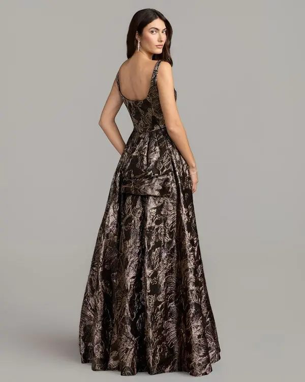 Mac Duggal Black Metallic Floral Brocade Gown With Overskirt