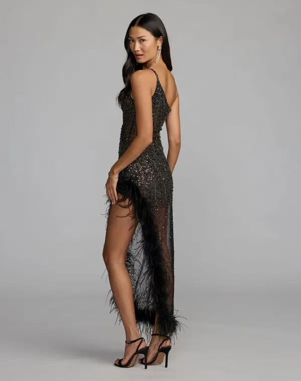 MAC DUGGAL COLLECTION One Shoulder Embellished Dress With Feather Trim