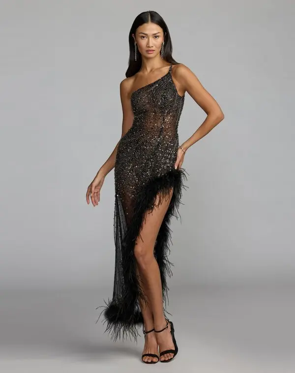 MAC DUGGAL COLLECTION One Shoulder Embellished Dress With Feather Trim