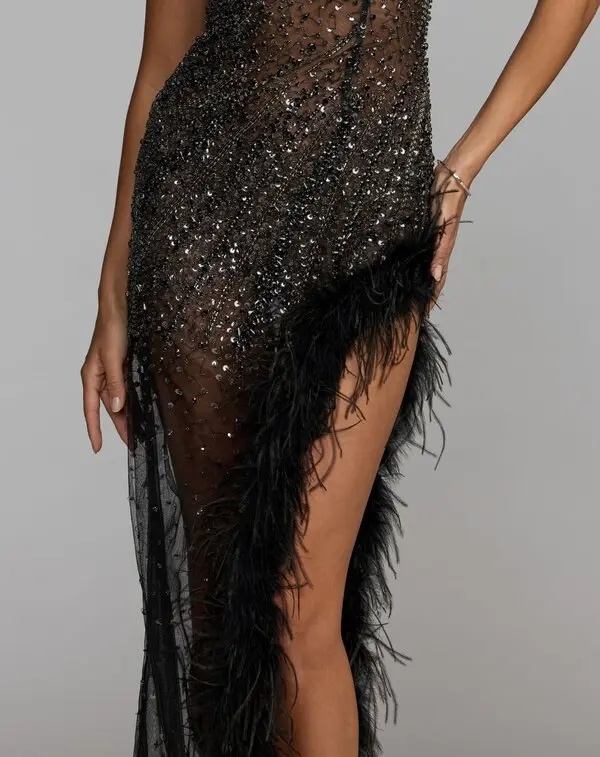 MAC DUGGAL COLLECTION One Shoulder Embellished Dress With Feather Trim