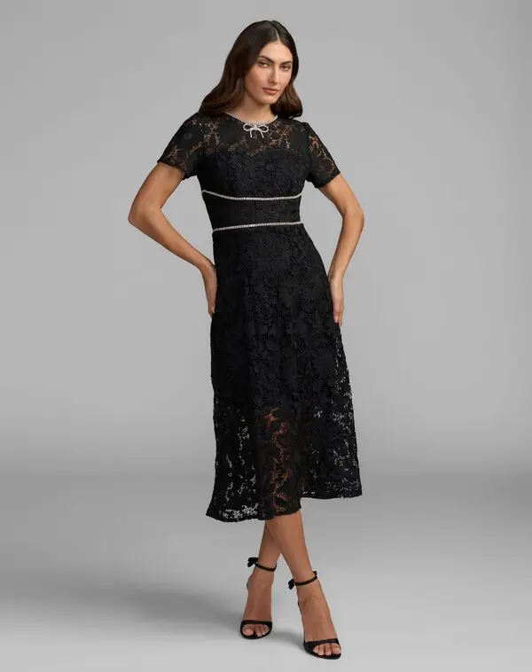 Mac Duggal Short Sleeve Lace Midi Dress With Rhinestone Trim