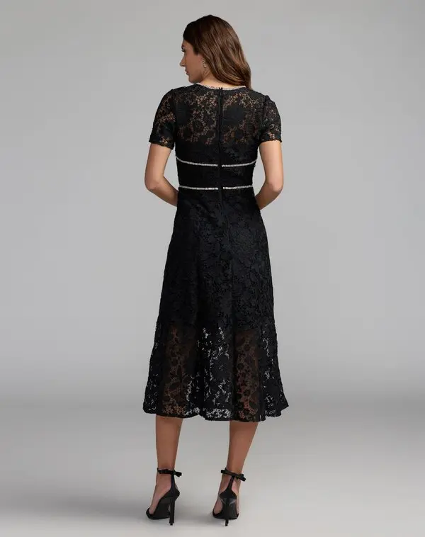 Mac Duggal Short Sleeve Lace Midi Dress With Rhinestone Trim