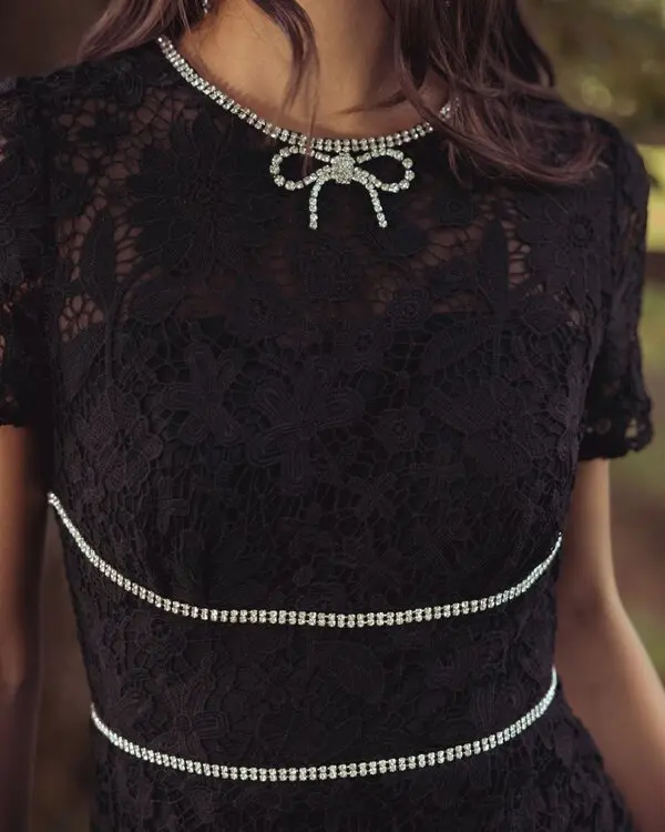 Mac Duggal Short Sleeve Lace Midi Dress With Rhinestone Trim