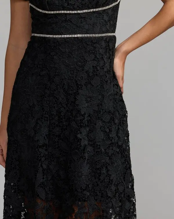 Mac Duggal Short Sleeve Lace Midi Dress With Rhinestone Trim