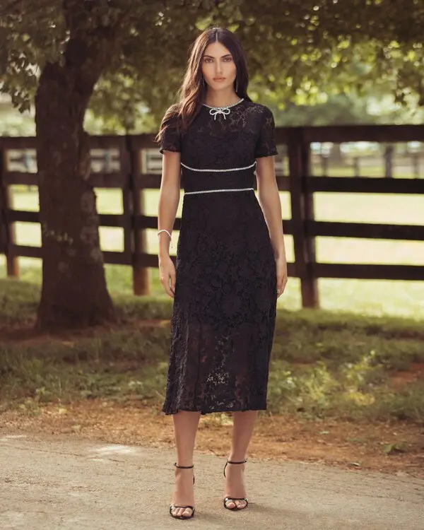 Mac Duggal Short Sleeve Lace Midi Dress With Rhinestone Trim
