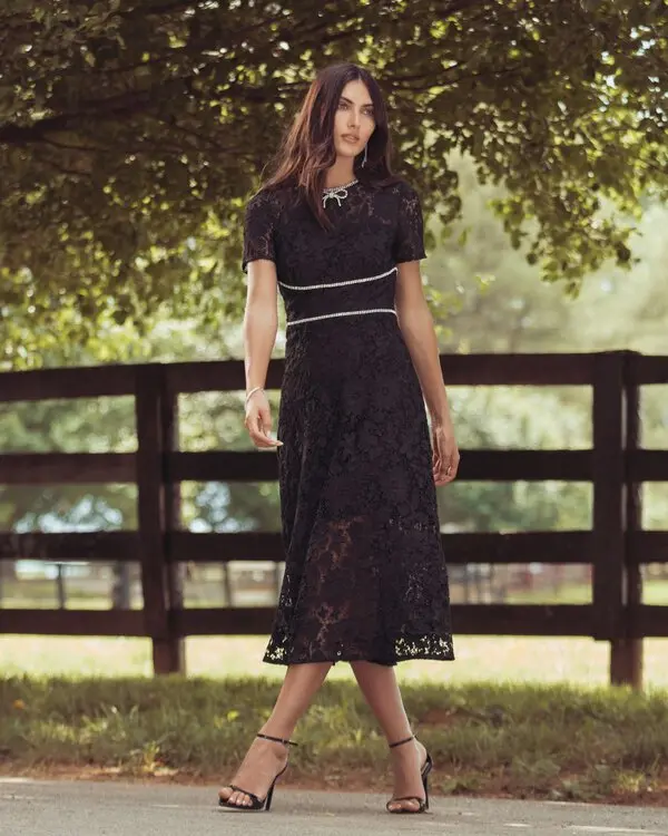 Mac Duggal Short Sleeve Lace Midi Dress With Rhinestone Trim