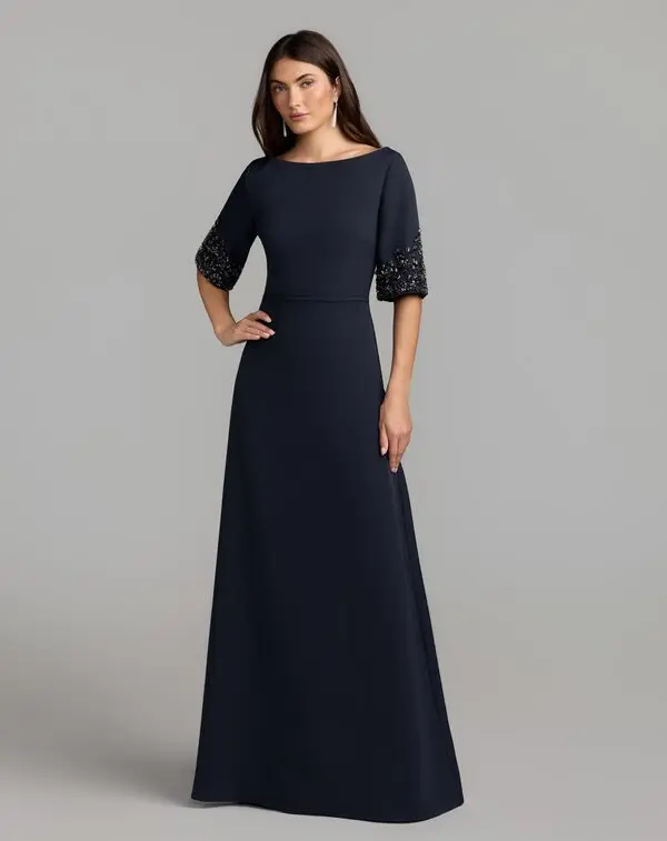 Mac Duggal A-line Crepe Gown With Beaded Sleeves