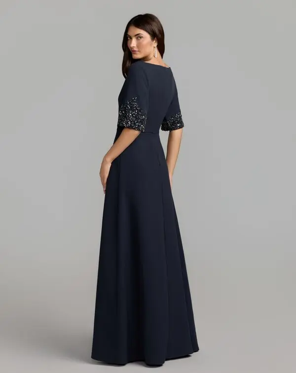 Mac Duggal A-line Crepe Gown With Beaded Sleeves