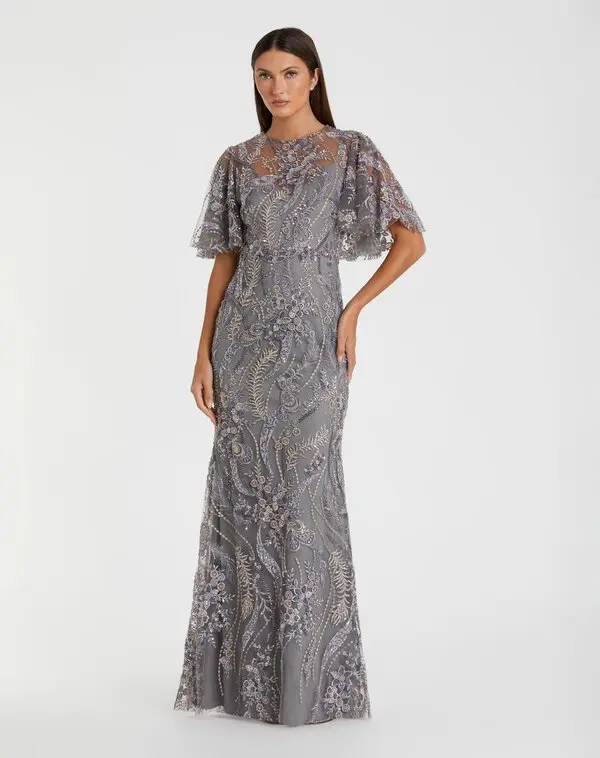 Mac Duggal Petite Charcoal High Neck Flutter Sleeve Embroidered Gown