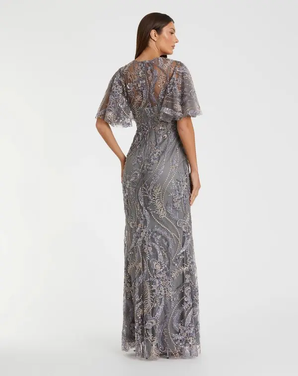 Mac Duggal Petite Charcoal High Neck Flutter Sleeve Embroidered Gown