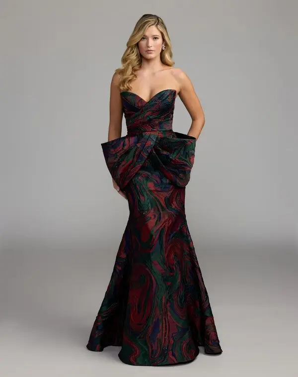 Mac Duggal Strapless Brocade Mermaid Gown With Bow Detail