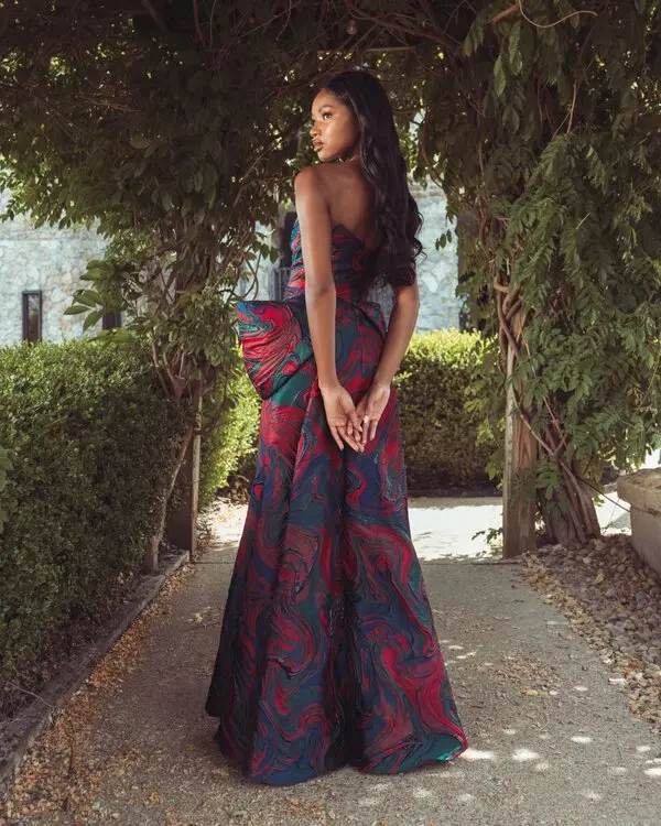 Mac Duggal Strapless Brocade Mermaid Gown With Bow Detail