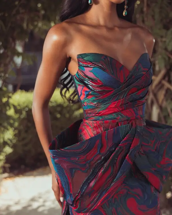 Mac Duggal Strapless Brocade Mermaid Gown With Bow Detail