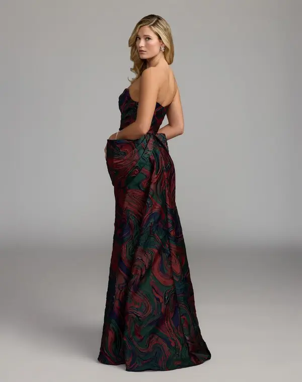 Mac Duggal Strapless Brocade Mermaid Gown With Bow Detail