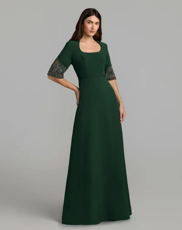 Mac Duggal Petite Scoop Neck Beaded Cuff Crepe Gown