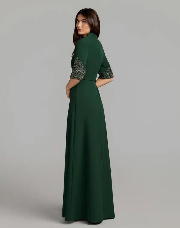 Mac Duggal Petite Scoop Neck Beaded Cuff Crepe Gown