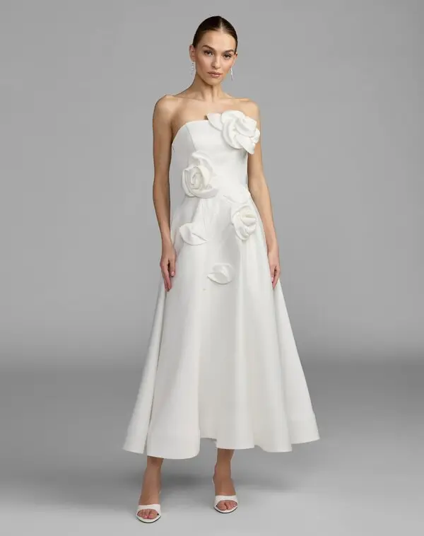 Mac Duggal Ivory Strapless Satin A-line Dress With 3d Flowers