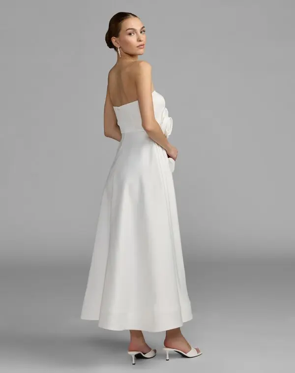 Mac Duggal Ivory Strapless Satin A-line Dress With 3d Flowers