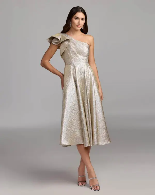 Mac Duggal Oyster Metallic Ruffle One Shoulder Midi Dress