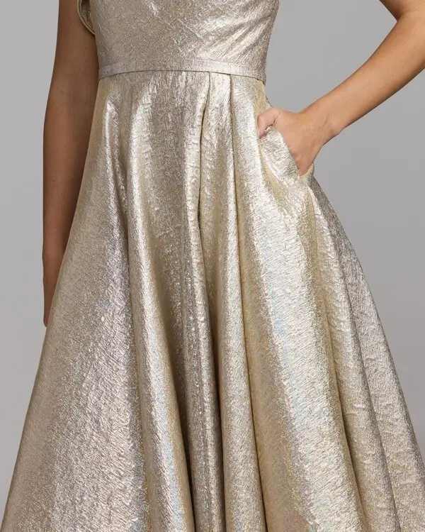 Mac Duggal Oyster Metallic Ruffle One Shoulder Midi Dress